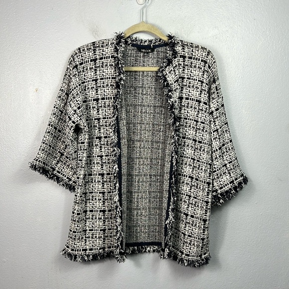 Misook | Jackets & Coats | Misook Navy Blue White Open Front Fringe ...